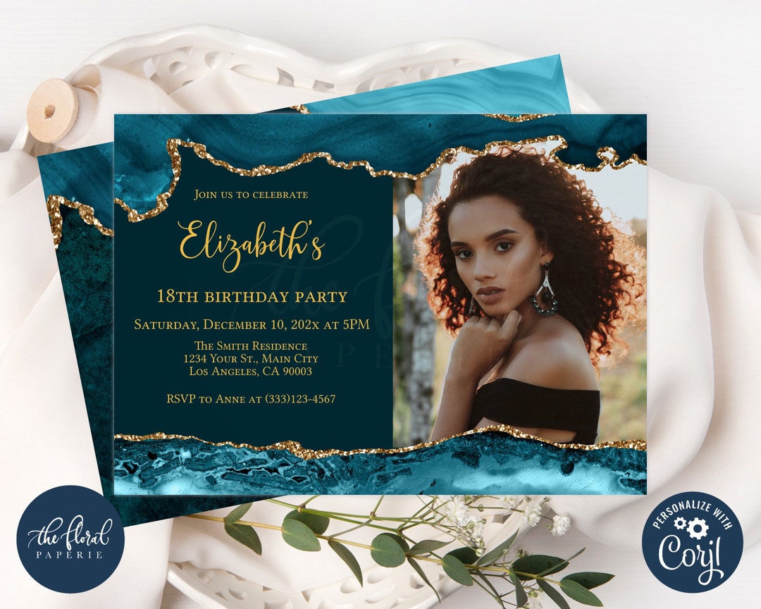 Teal and Gold Birthday Invitation Template, Editable Any Age Birthday ...