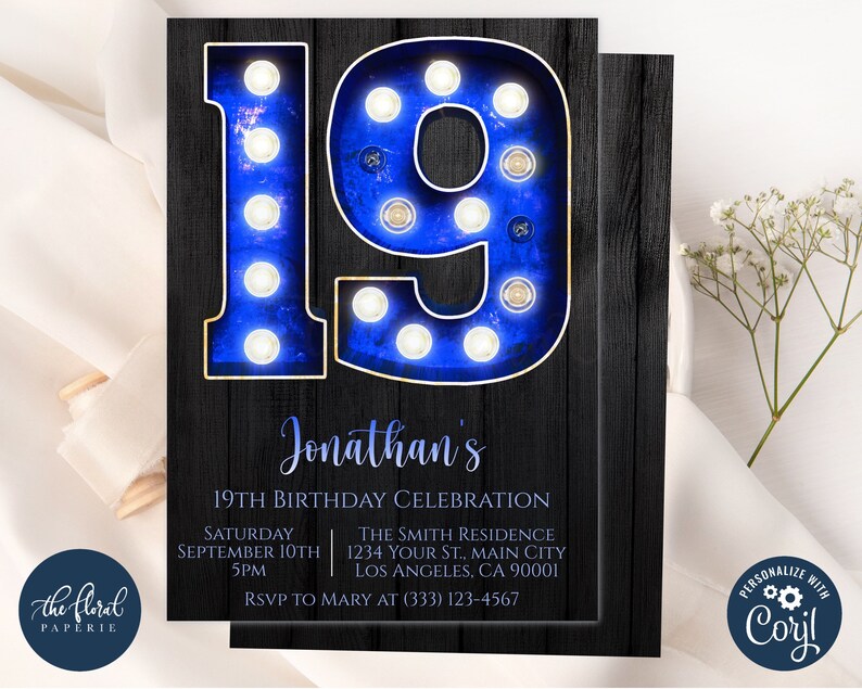 19th Birthday Invitation Template, Editable 19th Birthday Blue and ...