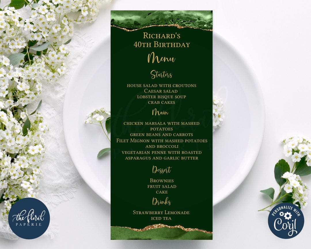 Green and Gold Menu Card Template, Editable Event Menu Card, Printable ...