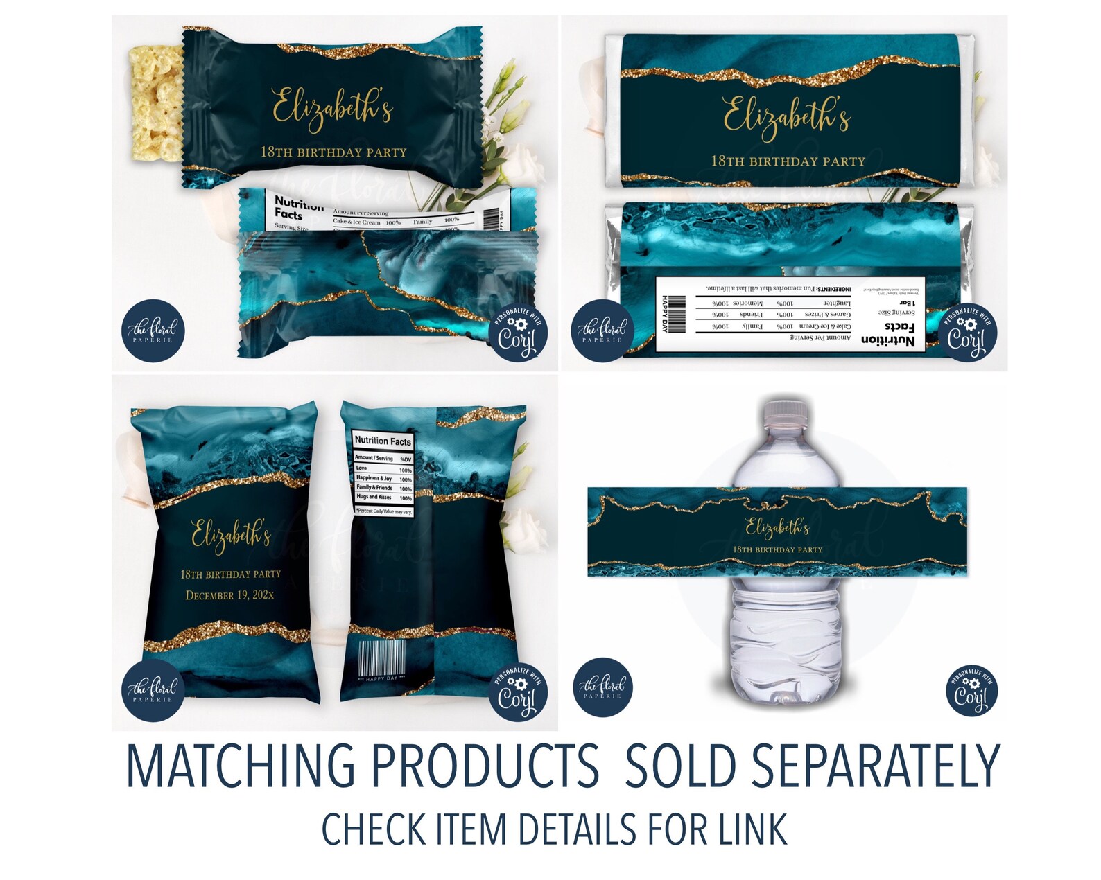 Teal and Gold Water Bottle Label Template, Editable Agate Water Bottle ...