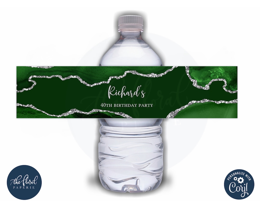 Green and Silver Water Bottle Label Template, Editable Agate Water ...