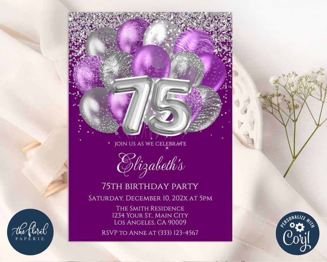 75th Birthday Invitation Template Purple And Silver Birthday Editable