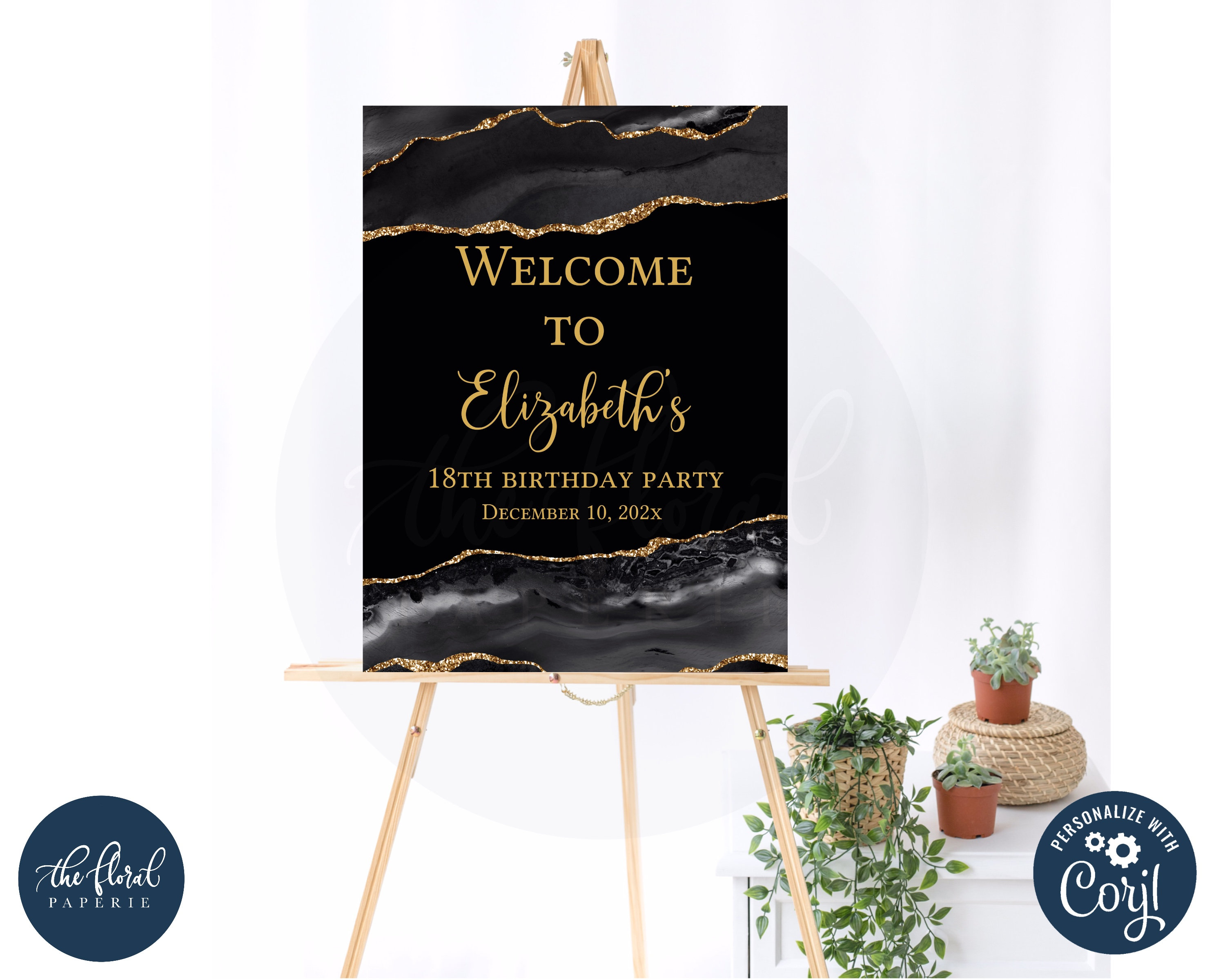 Black and Gold Birthday Welcome Sign Template Printable | Etsy