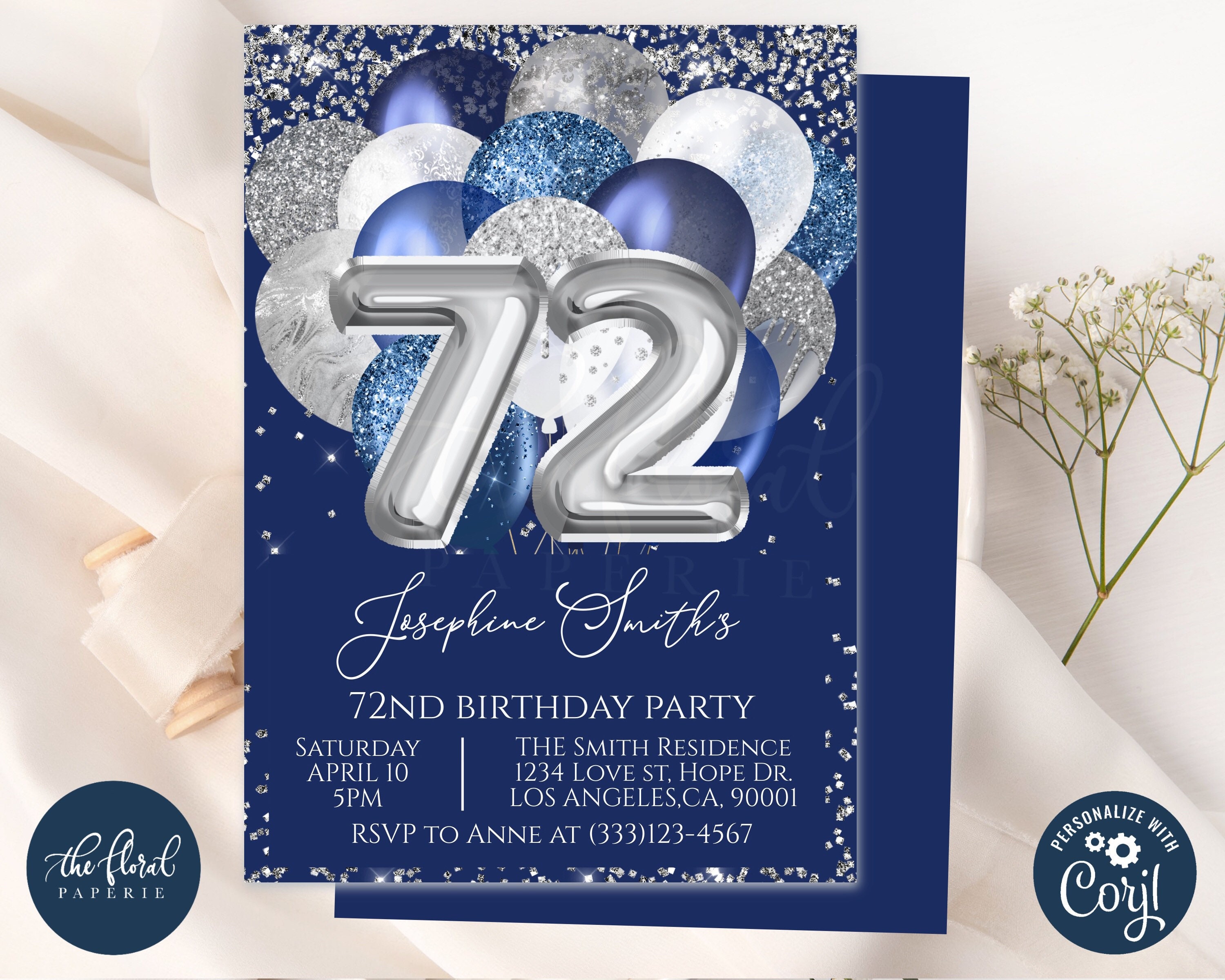 72nd Birthday Invitation Template Navy Blue and Silver - Etsy