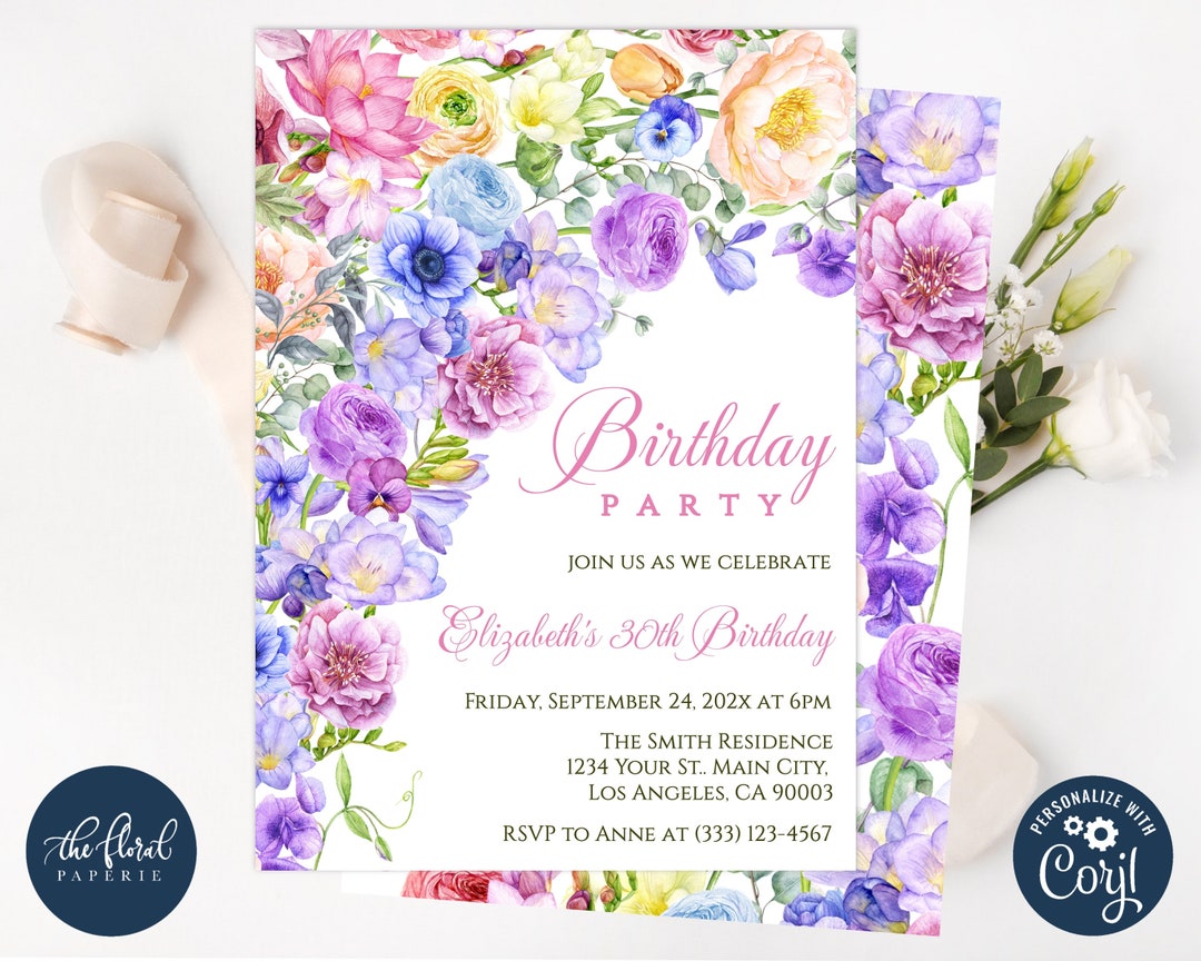 Rainbow Floral Birthday Invitation Template, Rainbow Invitation ...