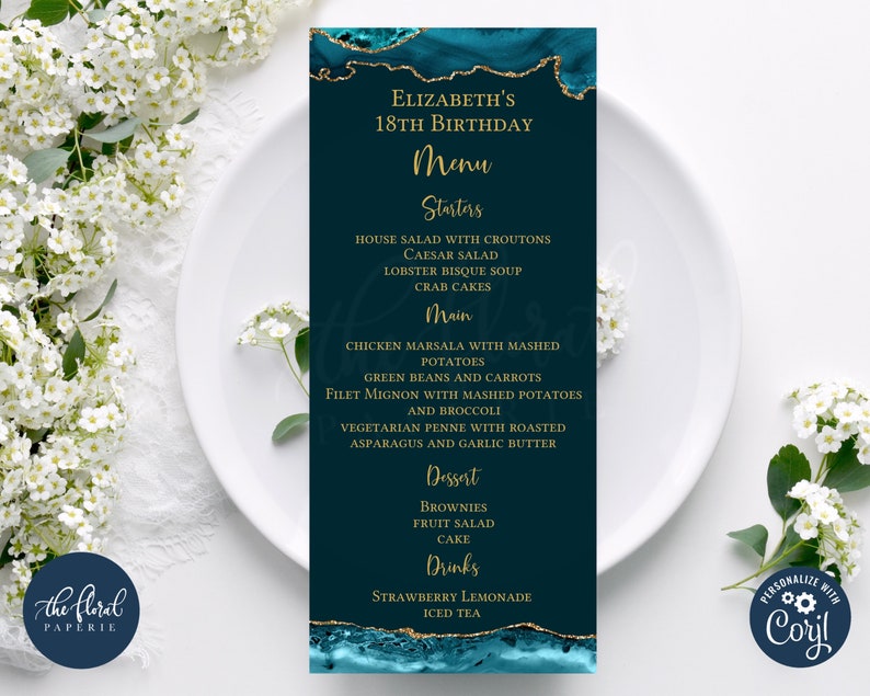 Teal and Gold Menu Card Template Editable Event Menu Card - Etsy