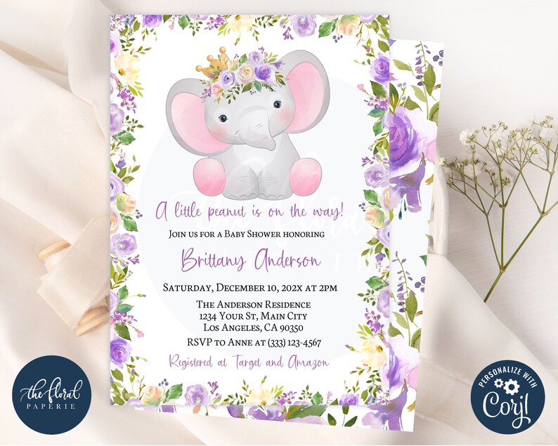 Elephant Baby Shower Invitation Template Purple Elephant Baby - Etsy