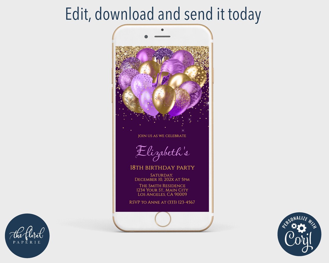 Purple and Gold Birthday Text Invitation Template, Editable Birthday ...