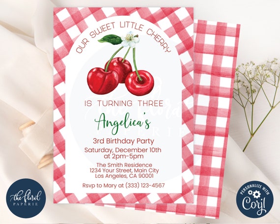 Cherry Birthday Invitation Template Editable 3rd Birthday | Etsy