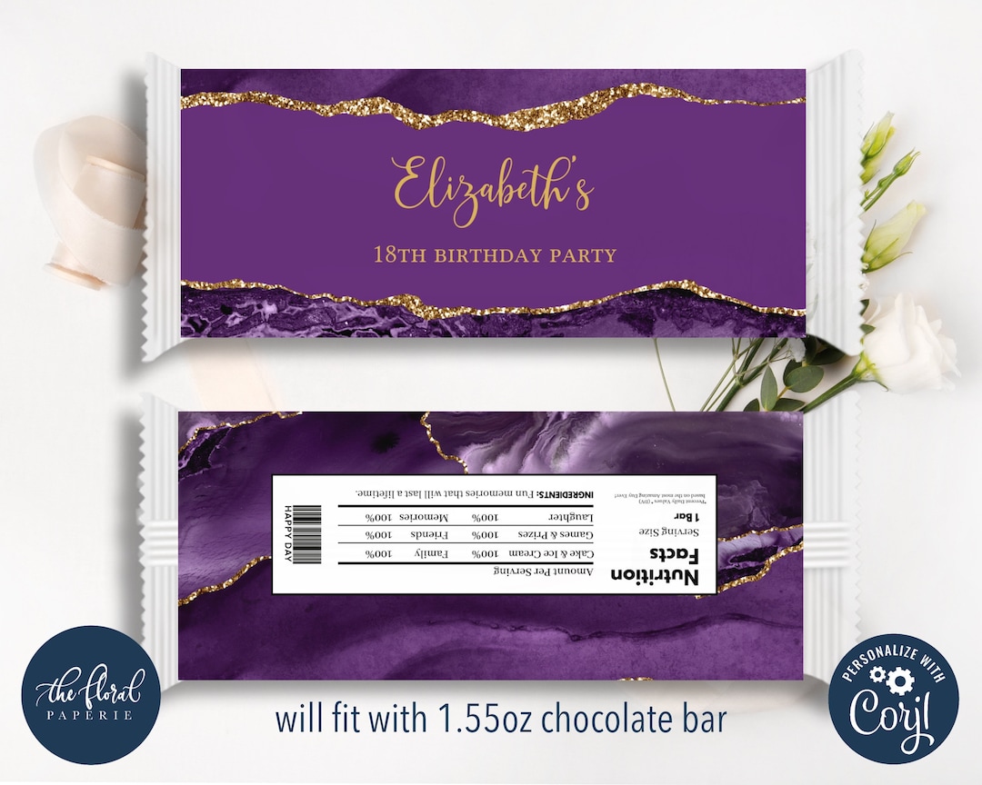 Purple and Gold Chocolate Wrapper Template, Editable Candy Bar Wrapper ...
