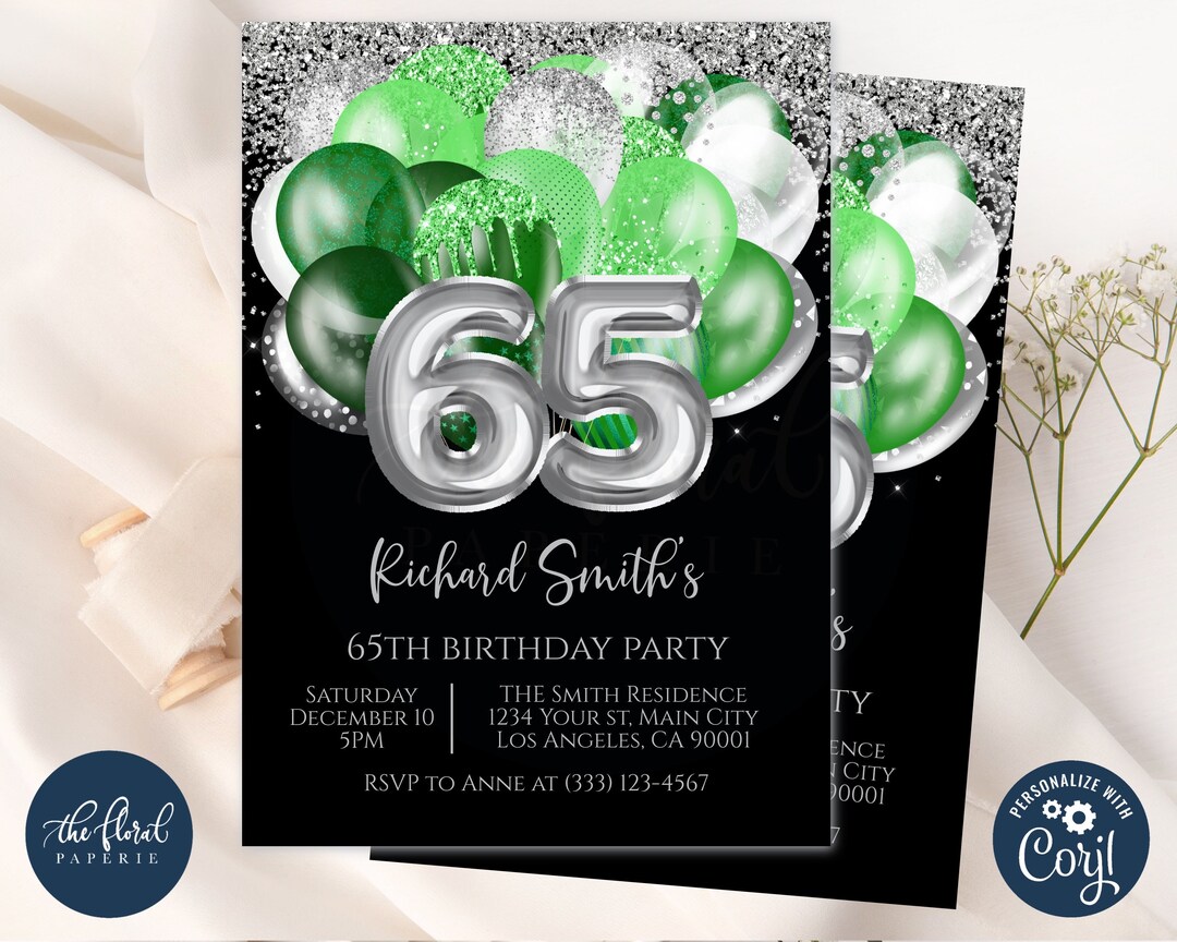 65th Birthday Invitation Template, Green and Silver Birthday, Editable ...