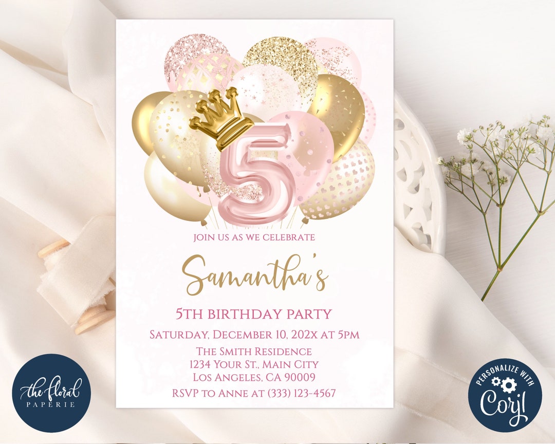5th Birthday Invitation Template, Editable Blush and Gold Princess ...