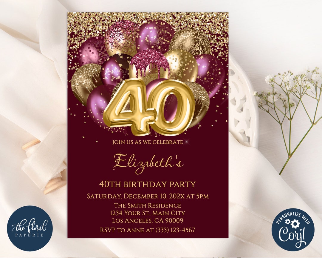 40th Birthday Invitation Template, Burgundy and Gold Birthday Invite ...