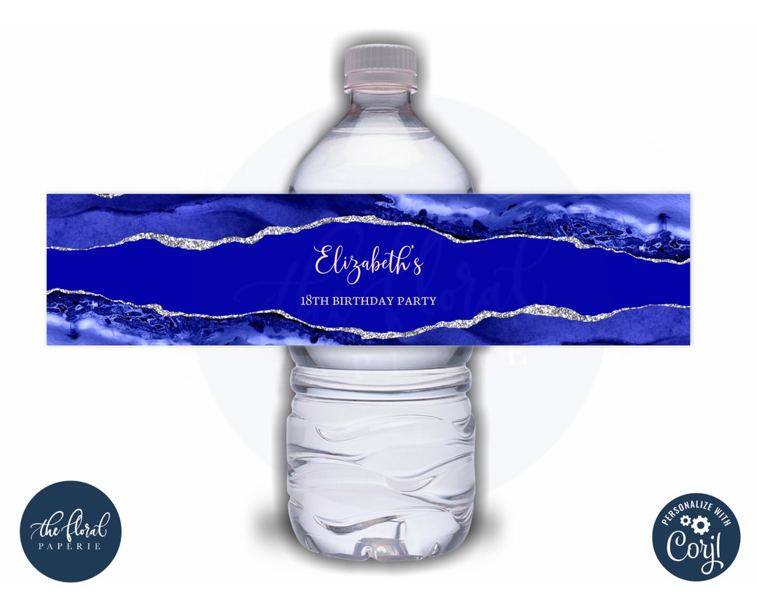 Royal Blue and Silver Water Bottle Label Template, Shades of Blue Water ...