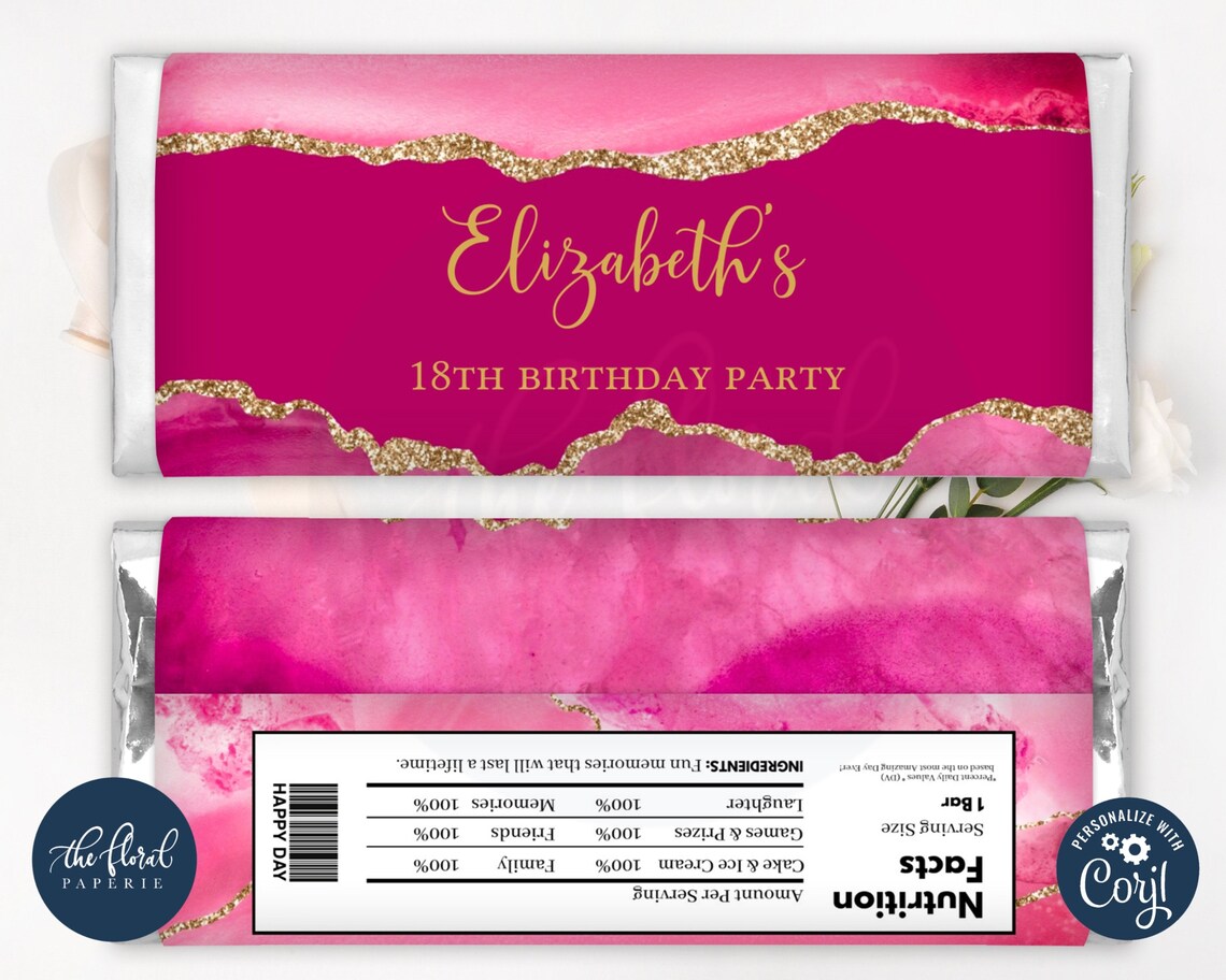 Pink and Gold Chocolate Wrapper Template Editable Candy Bar - Etsy