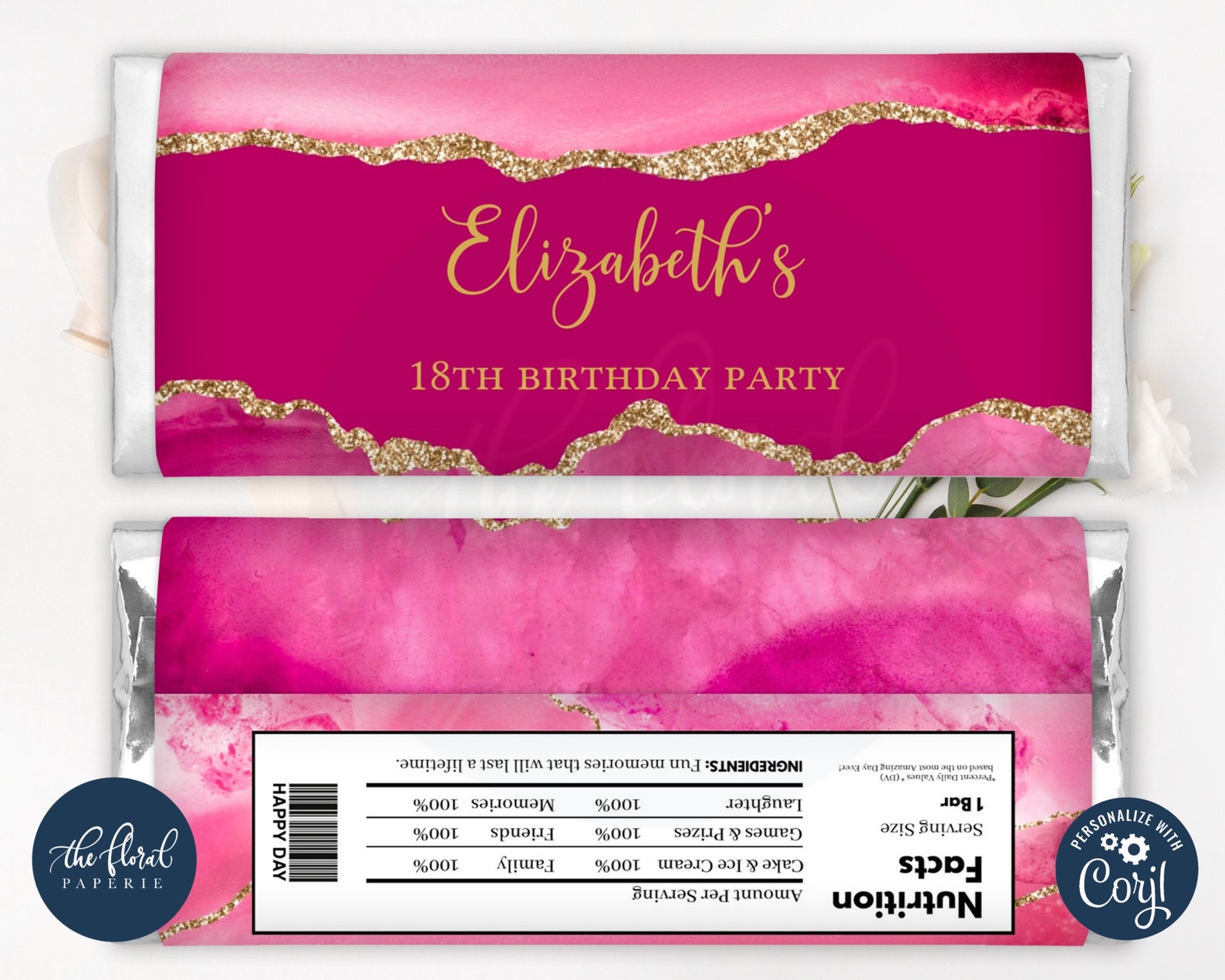 Pink and Gold Chocolate Wrapper Template Editable Candy Bar - Etsy