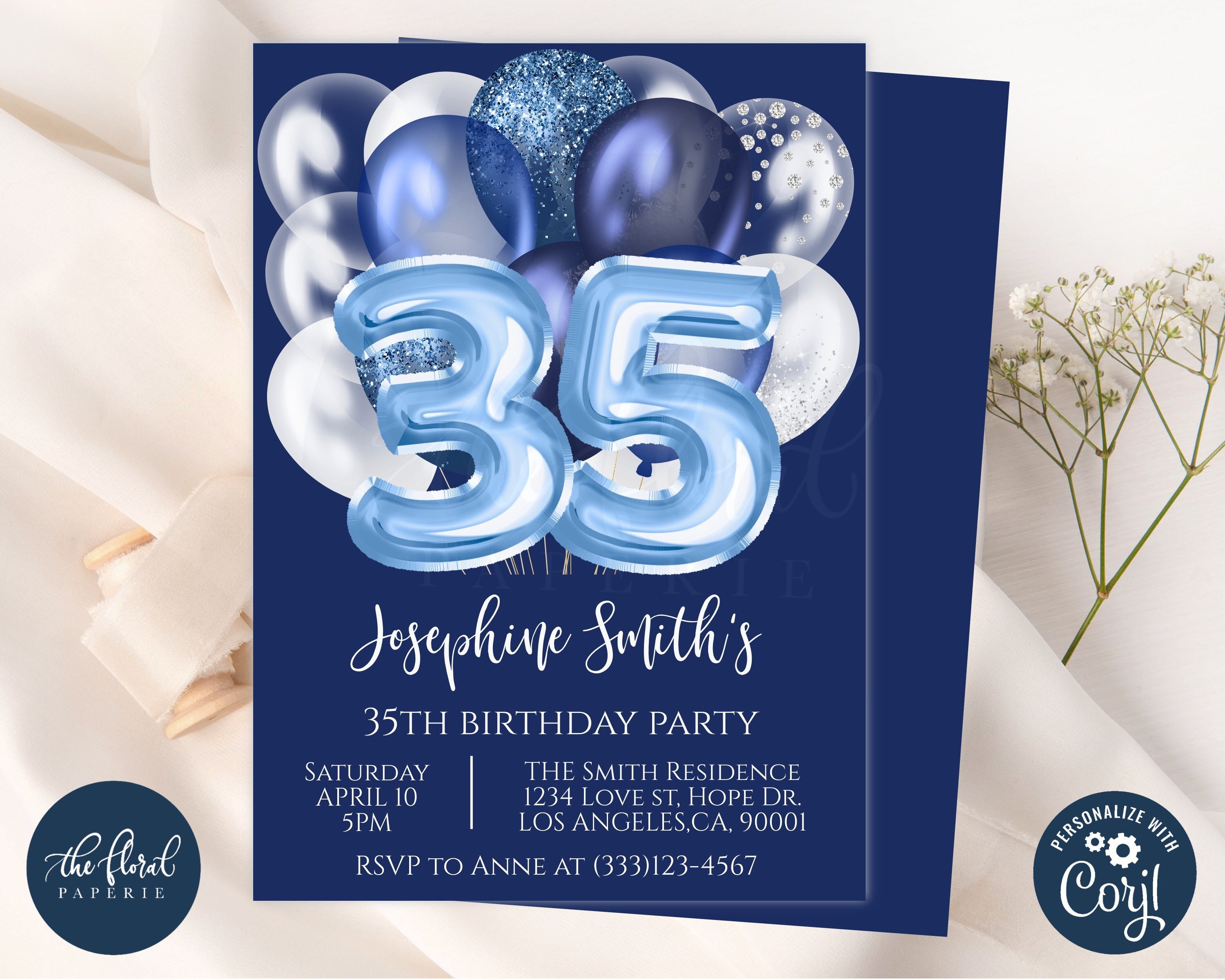 35th Birthday Invitation Template Editable Blue And White Etsy
