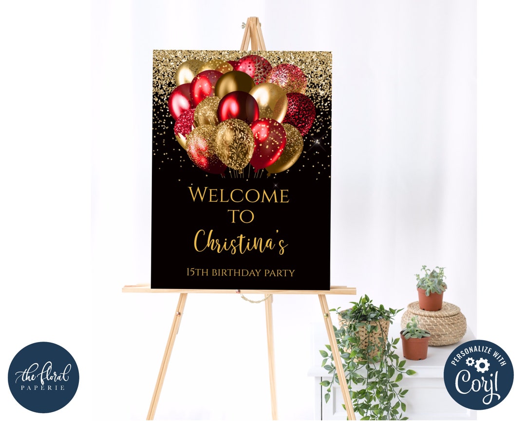 Black Red and Gold Birthday Welcome Sign Template, Printable Birthday ...
