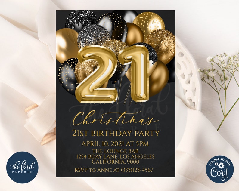 21st Birthday Invitation Template Editable Black And Gold Etsy 21st Birthday Invitation Template Editable Black And Gold Etsy