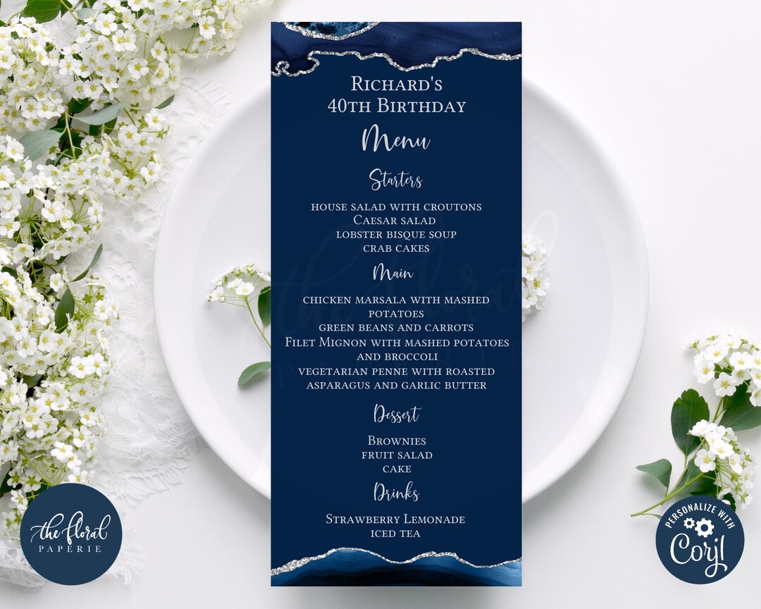 Blue and Silver Menu Card Template, Editable Event Menu Card, Printable ...