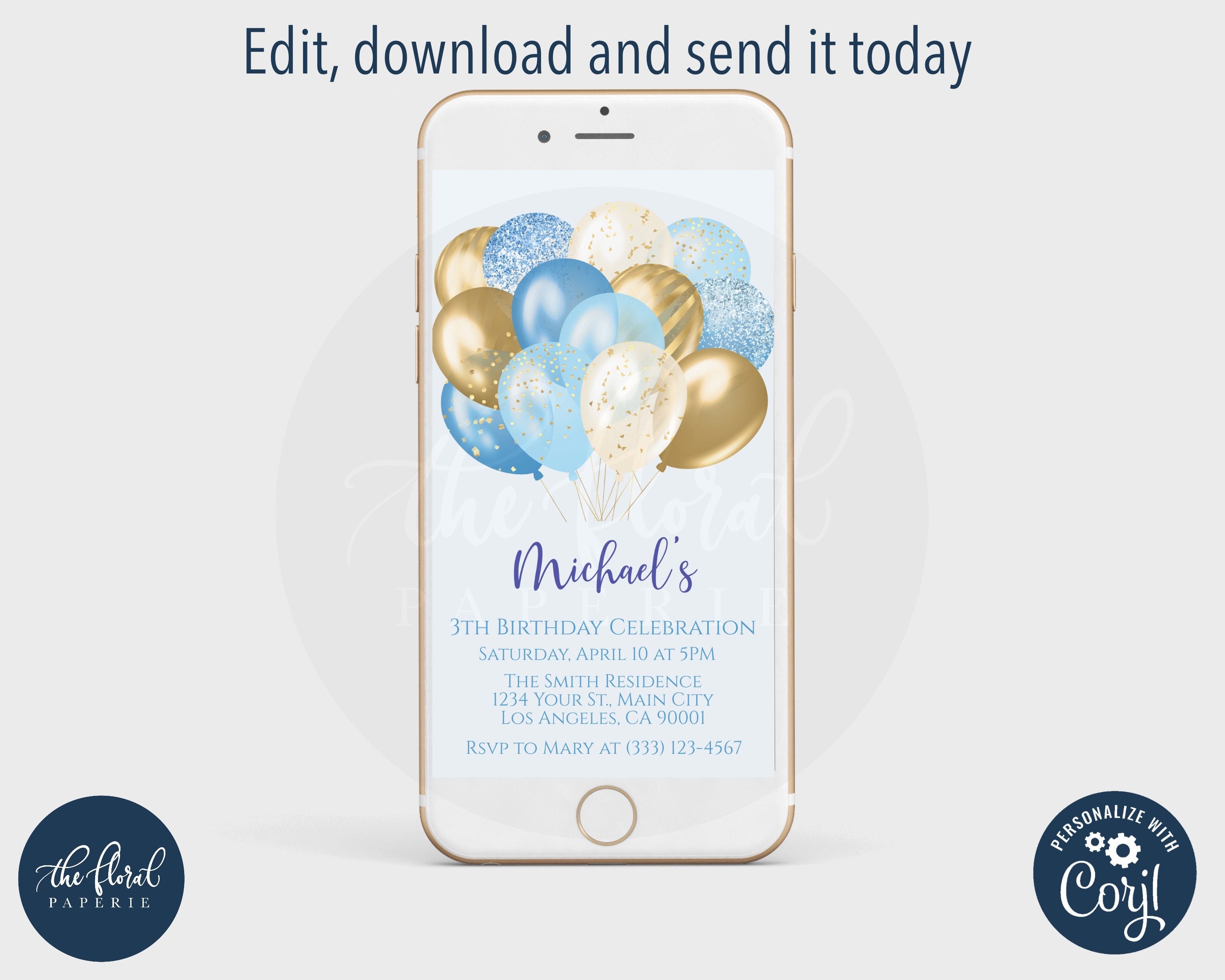 Blue and Gold Birthday Text Invitation Template Boy Birthday | Etsy