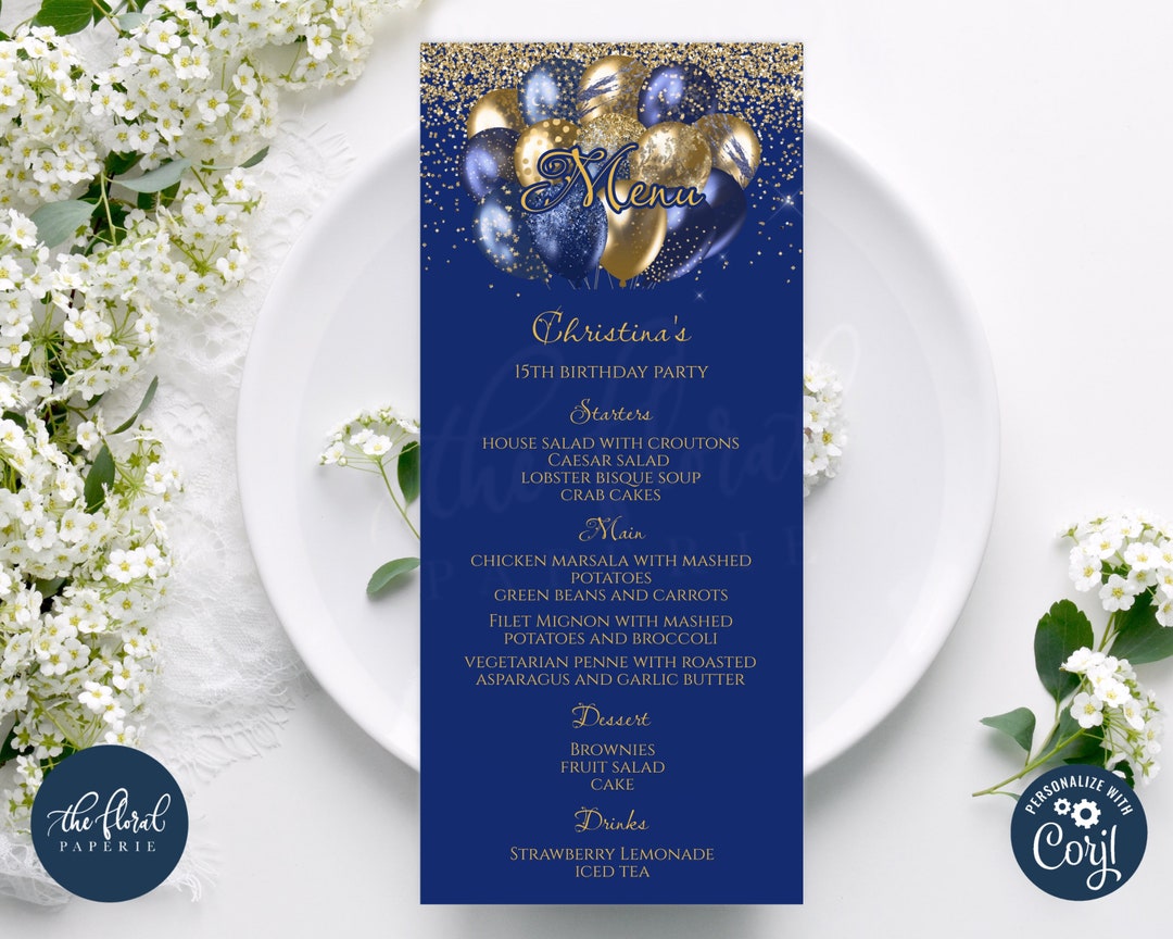 Blue and Gold Menu Card Template, Editable Event Menu Card, Printable ...