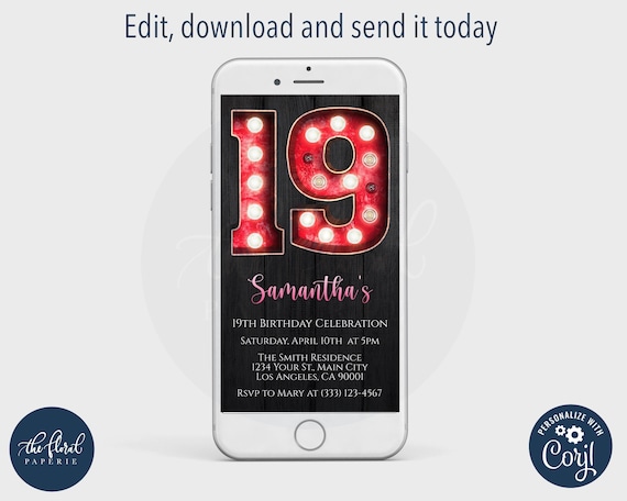 19th Birthday Text Invitation Template Birthday Digital - Etsy