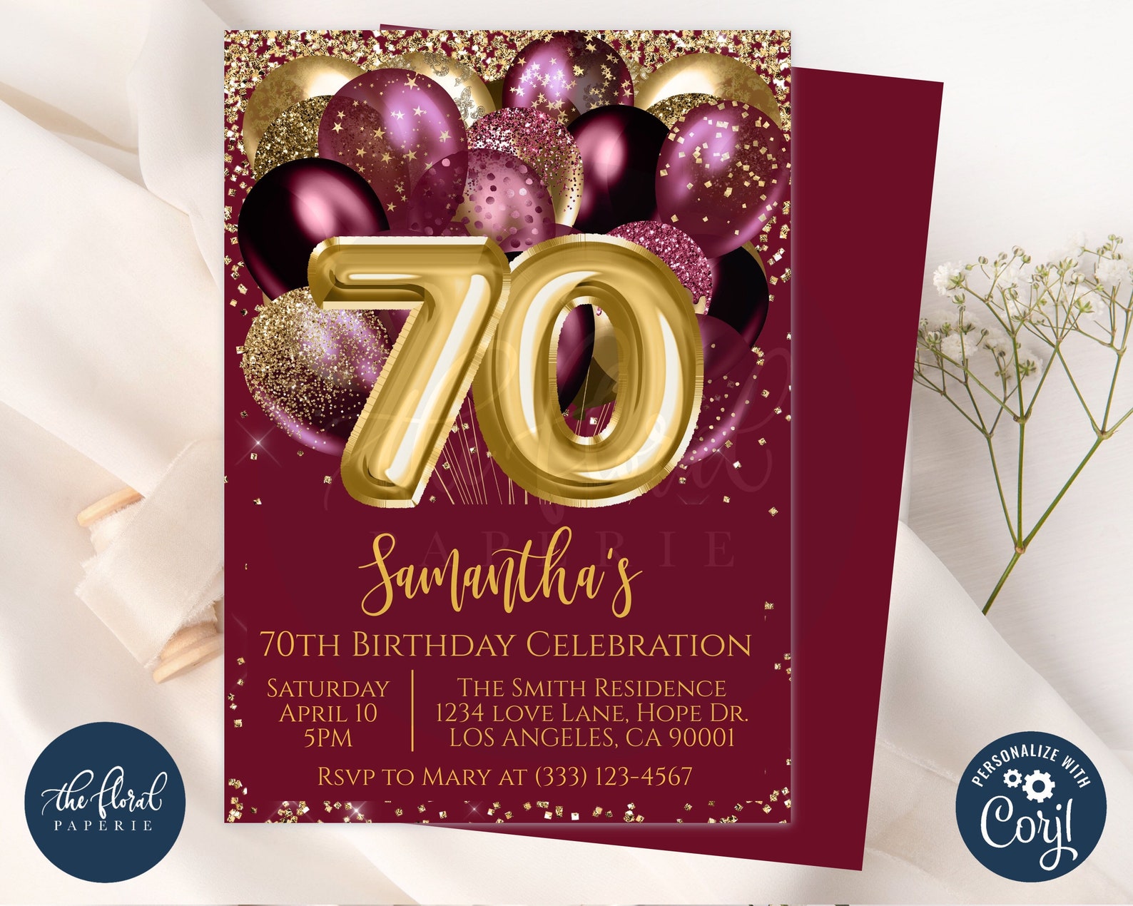 70th Birthday Invitation Template Burgundy and Gold Birthday | Etsy