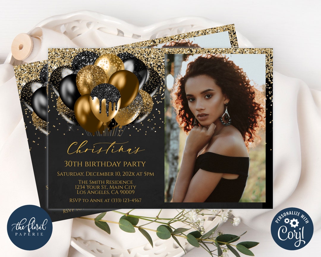 Black and Gold Invitations Template, Editable Black and Gold Balloons ...