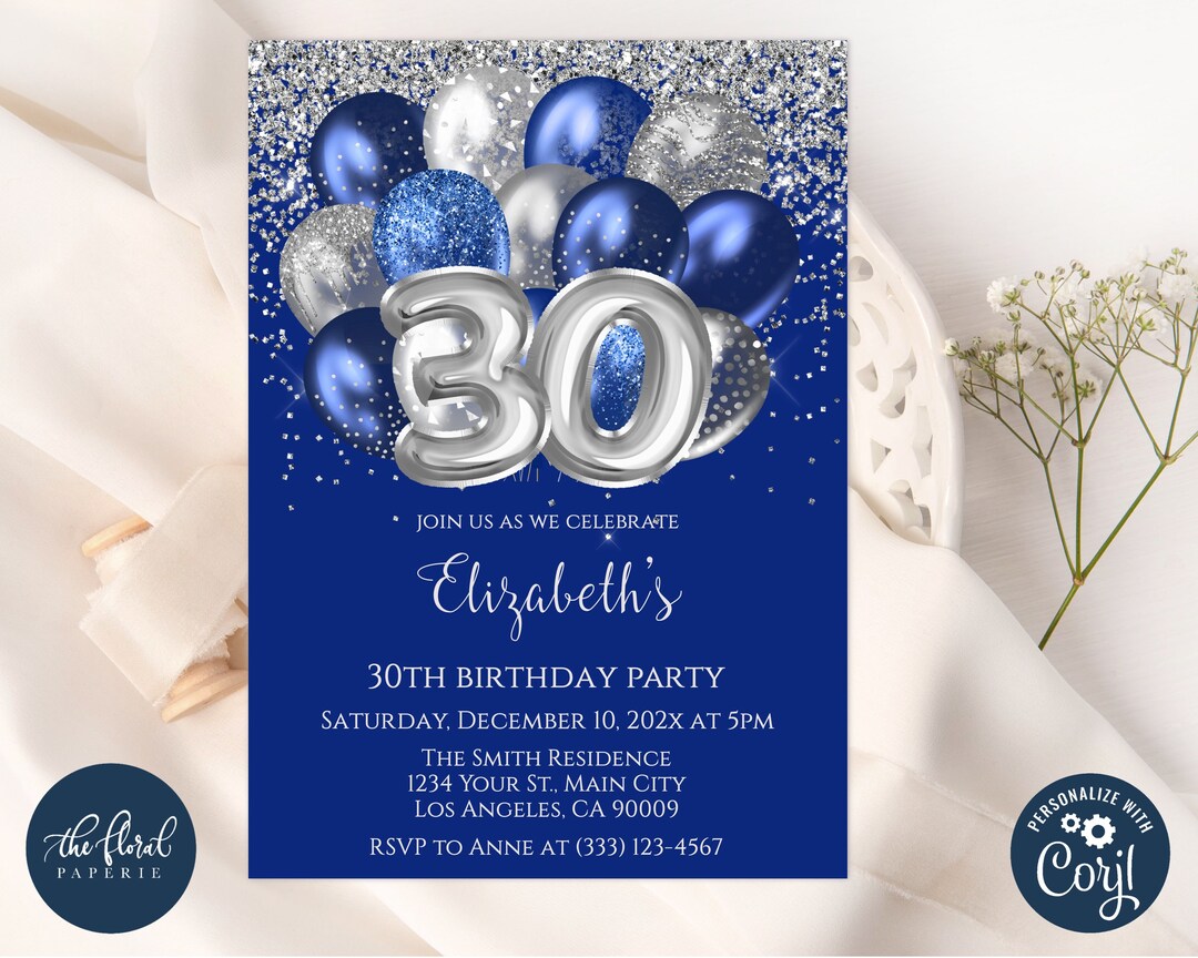 Blue and Silver 30th Birthday Invitation Template, Editable Party ...