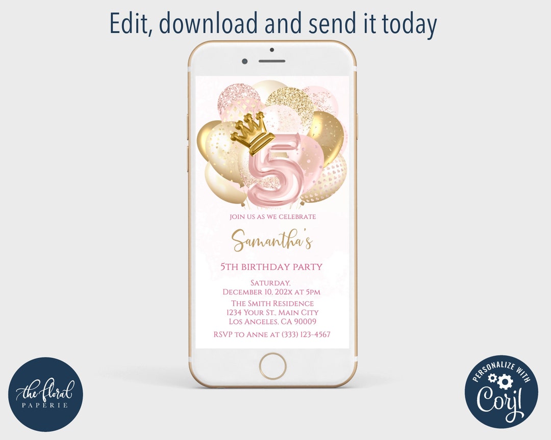 5th Birthday Text Invitation Template, Editable Blush Birthday Text ...