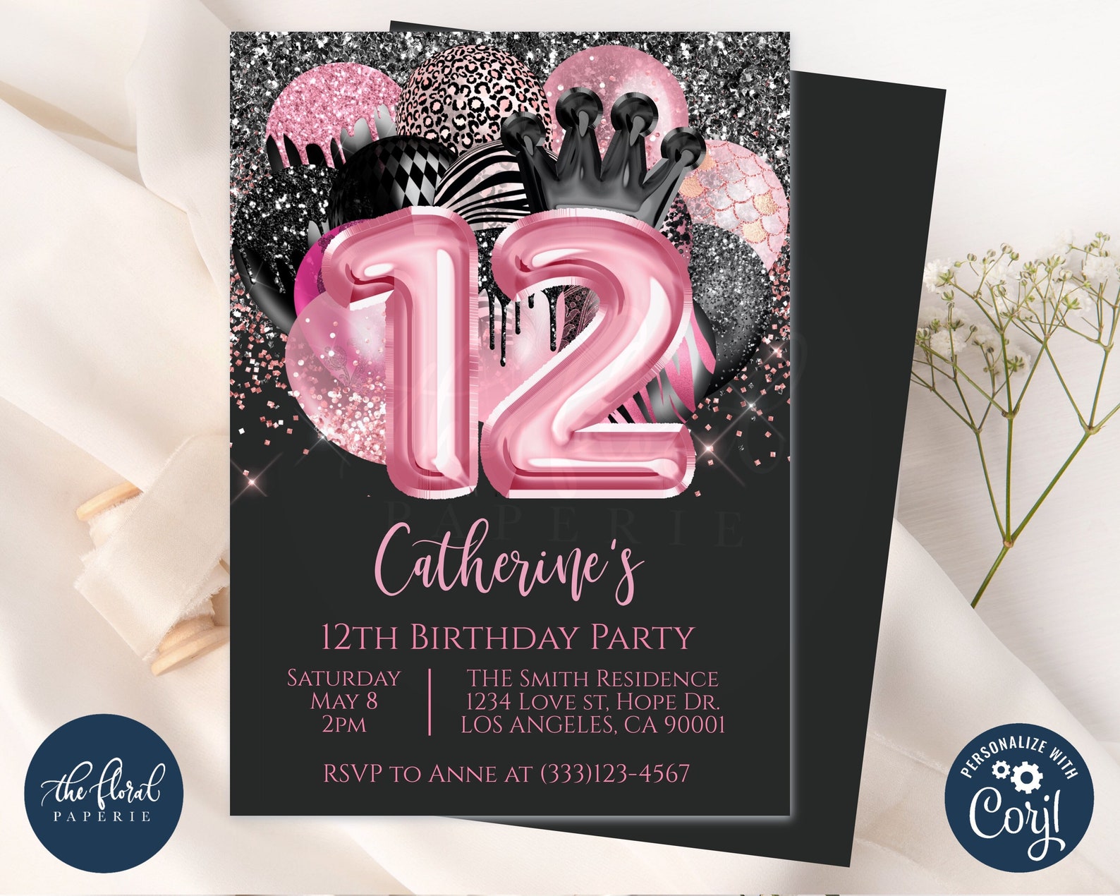 12th Birthday Invitation Template Editable Black and Pink - Etsy
