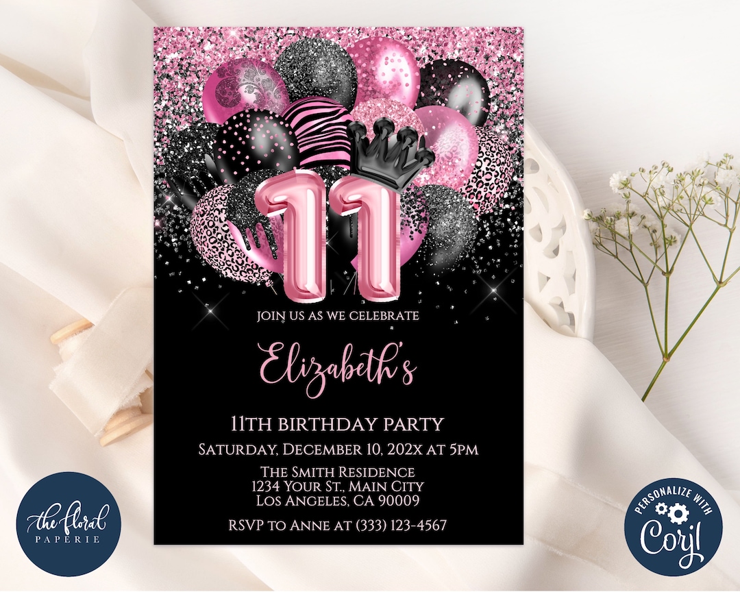 11th Birthday Invitation Template, Editable Black and Pink Birthday ...