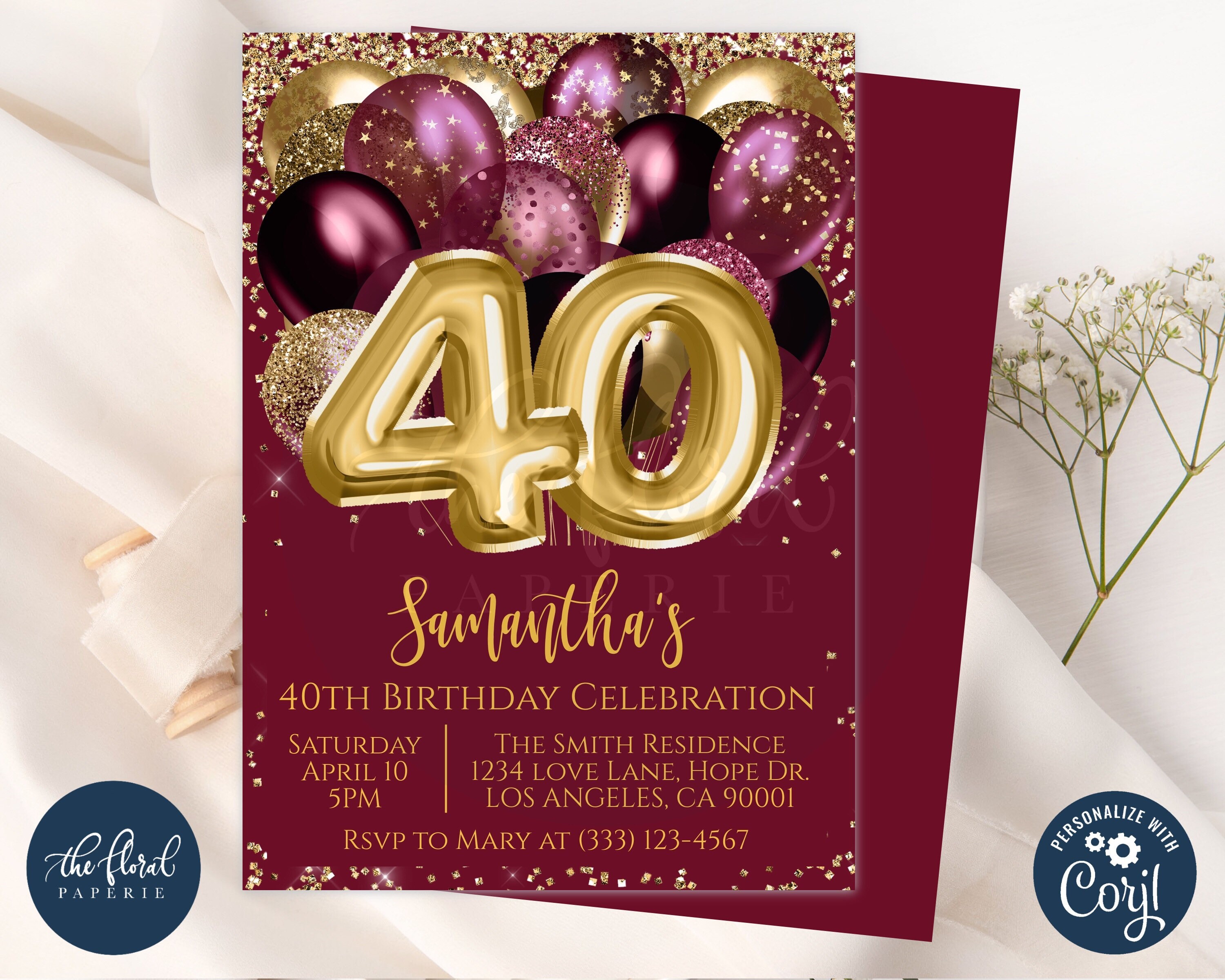 40th Birthday Invitation Template Burgundy and Gold Birthday | Etsy