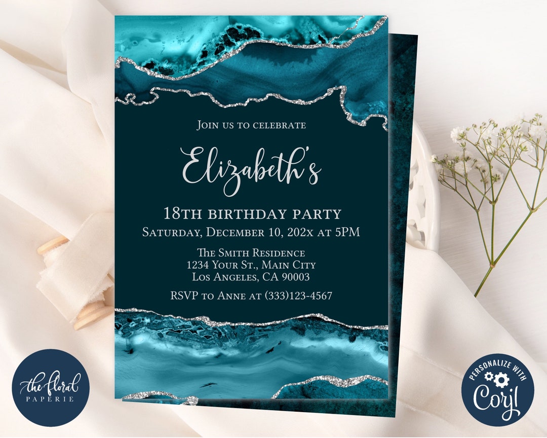 Teal and Silver Birthday Invitation Template, Editable Any Age Birthday ...