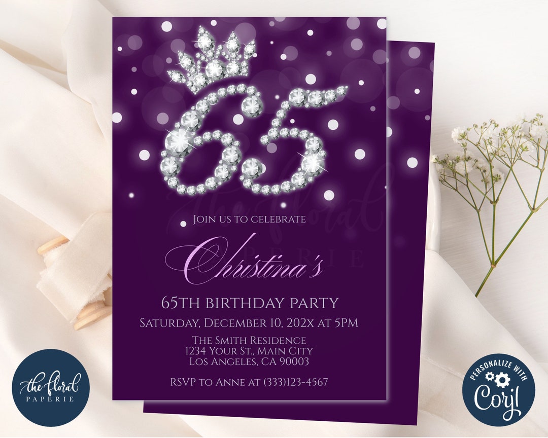 65th Birthday Invitation Template, Editable Purple and Silver Birthday ...