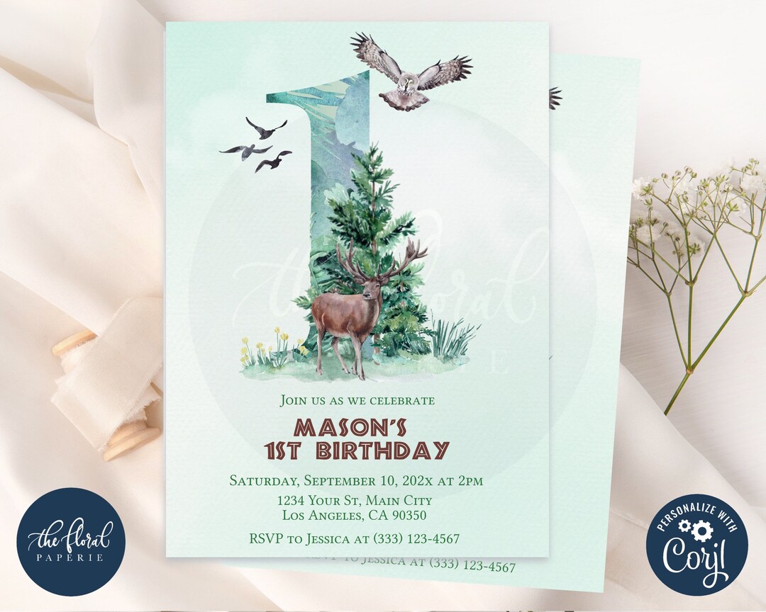 Editable 1st Birthday Invitation Template, Woodland Birthday ...
