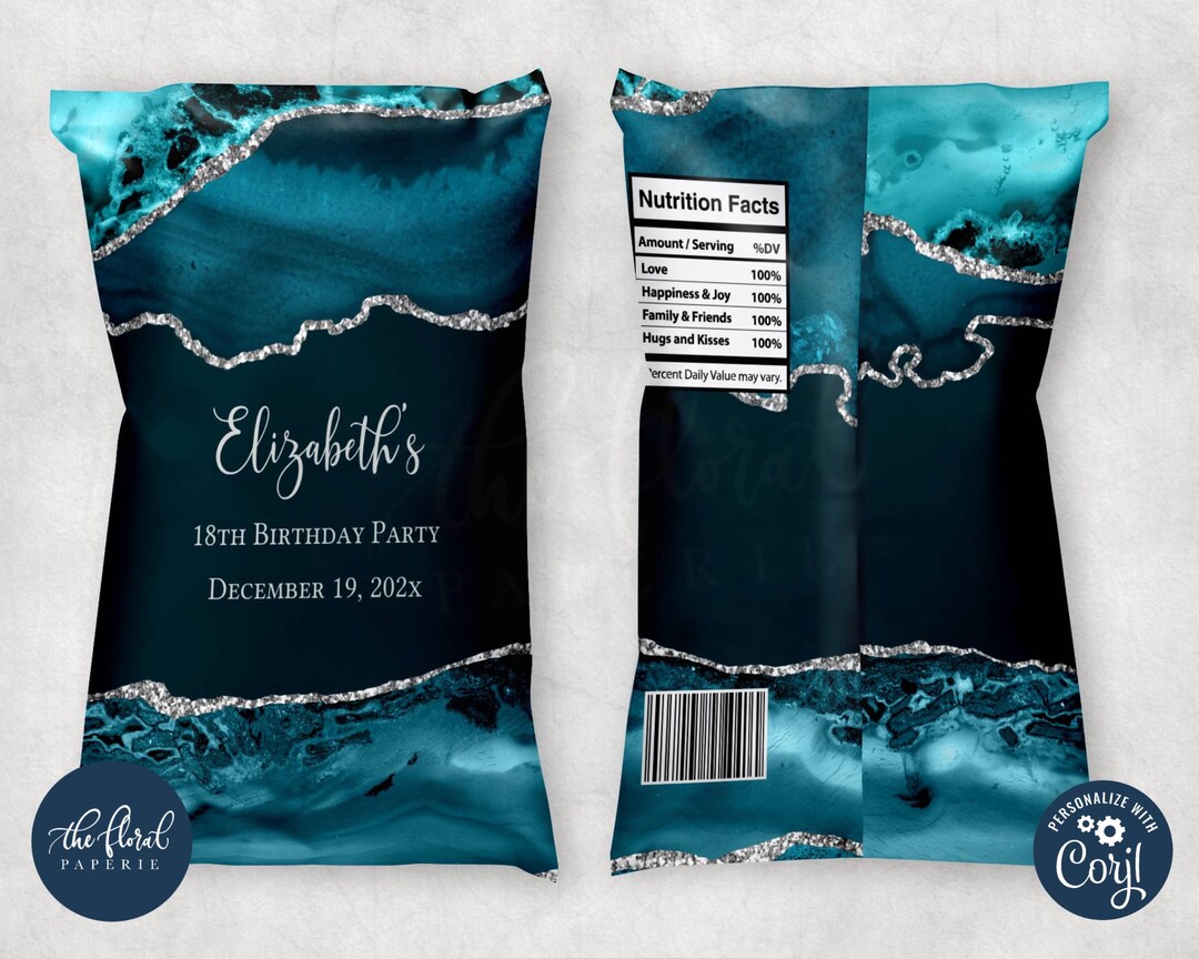 Teal and Silver Chip Bag Template Editable Potato Chip Bag - Etsy