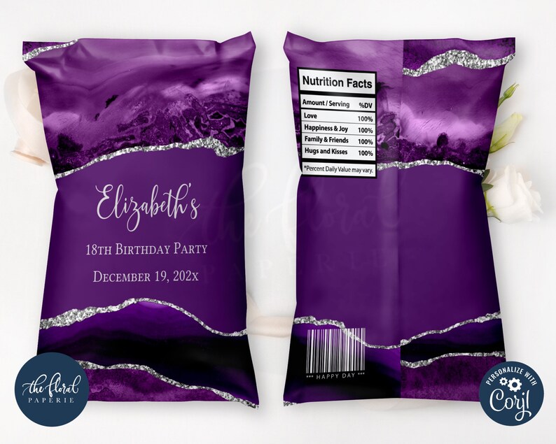 Purple and Silver Chip Bag Template Editable Potato Chip Bag - Etsy