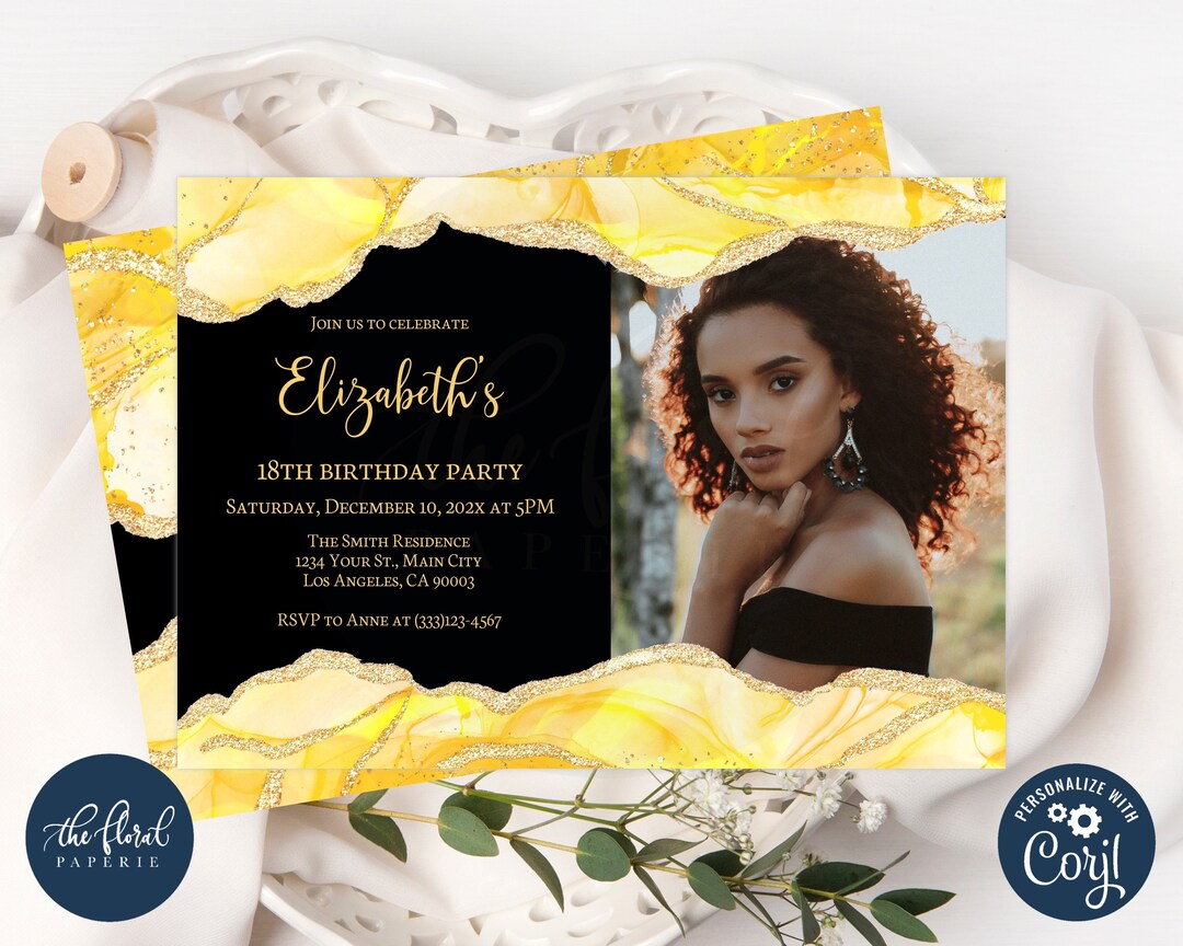 Yellow and Black Birthday Invitation Template, Editable Any Age ...