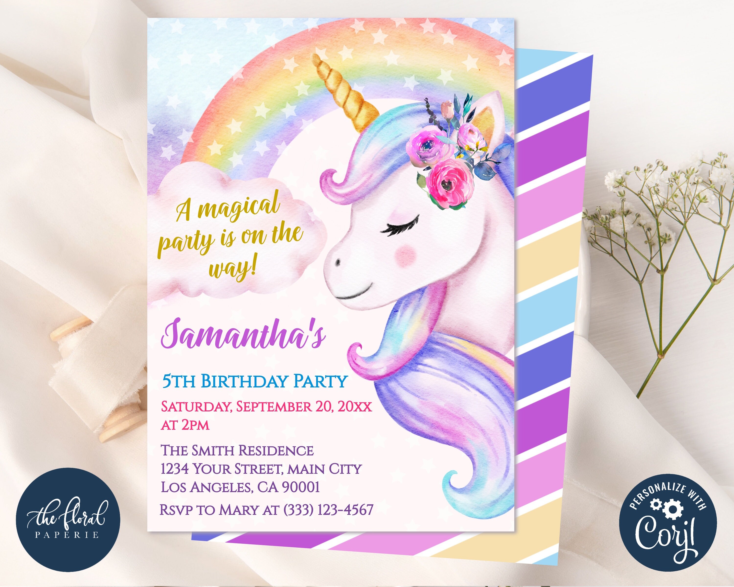 Unicorn Birthday Invitation Template Girl Birthday Party Invitation Printable Unicorn Birthday Invites Unicorn Theme Party Invitation Etsy