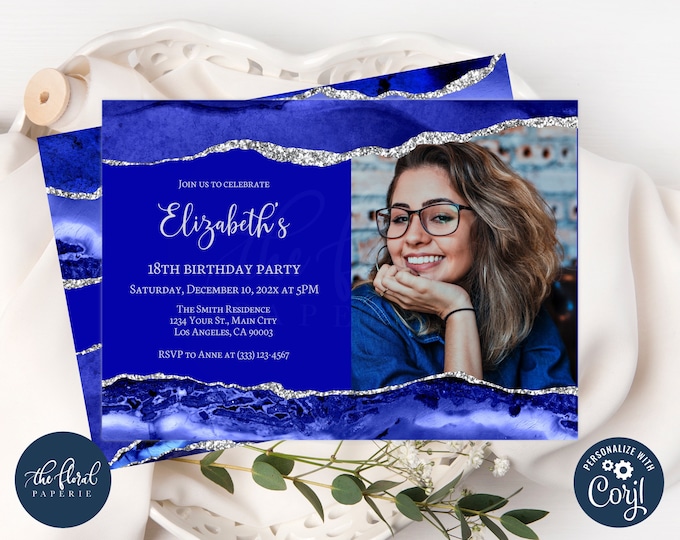 Invitación editable en tonos de azul, invitación a cena de cumpleaños ...
