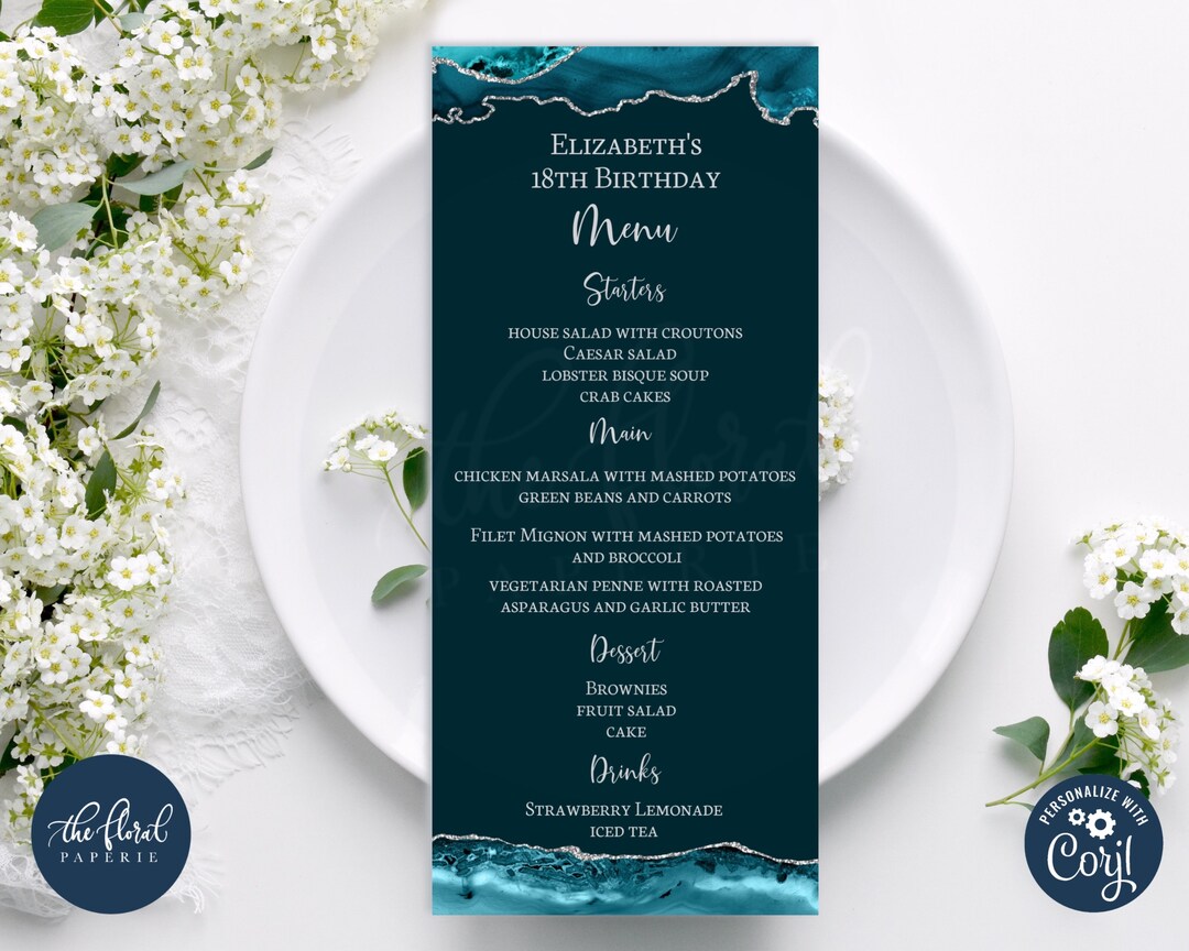 Teal and Silver Menu Card Template, Editable Event Menu Card, Printable ...