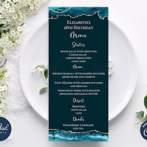 Teal and Silver Menu Card Template, Editable Event Menu Card, Printable ...