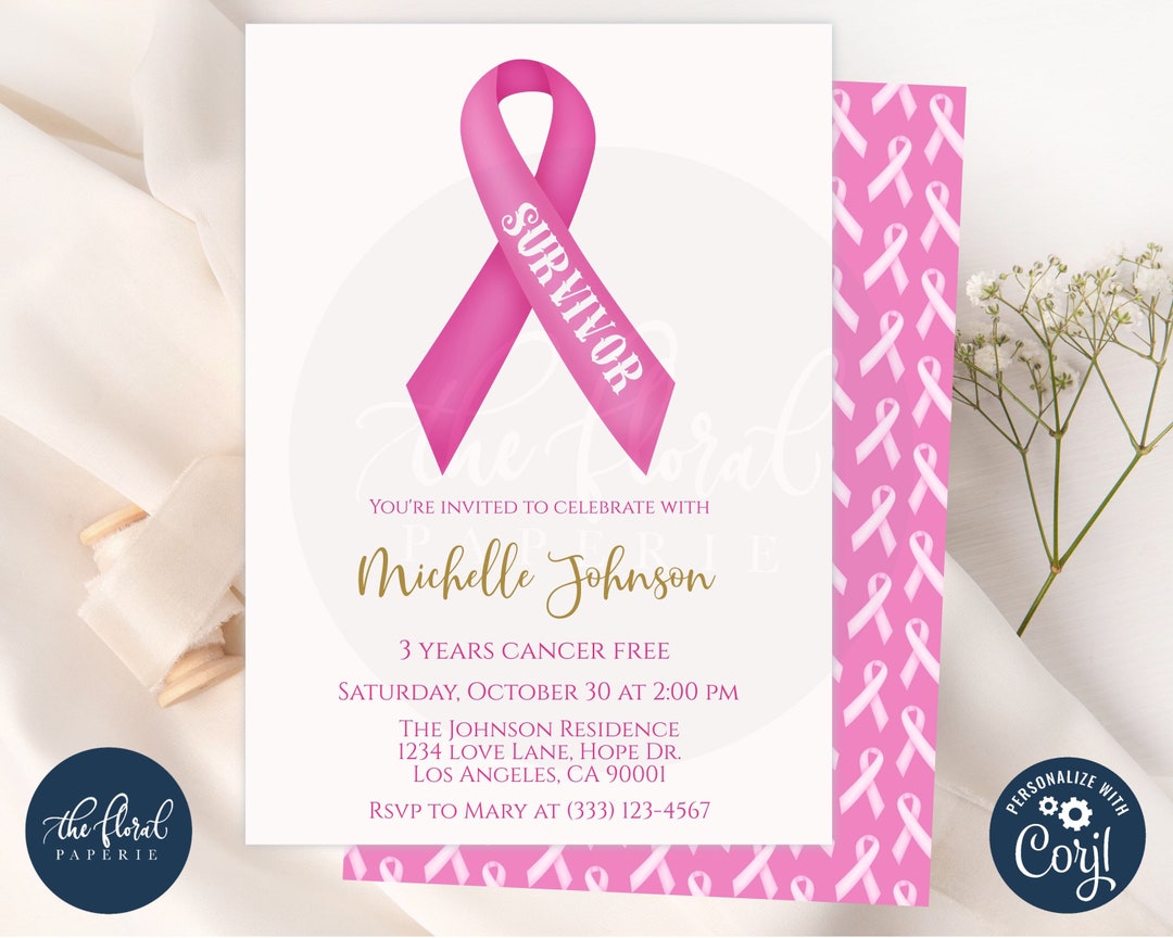 Breast Cancer Survivor Invitation Template, Editable Pink Ribbon ...