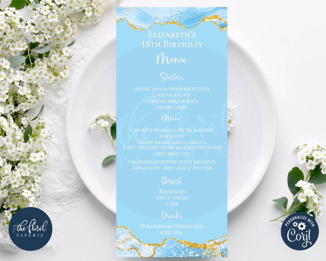 Baby Blue and Gold Agate Menu Card Template (digital Download) - Etsy