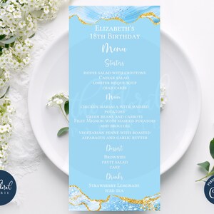 Baby Blue and Gold Agate Menu Card Template (digital Download) - Etsy