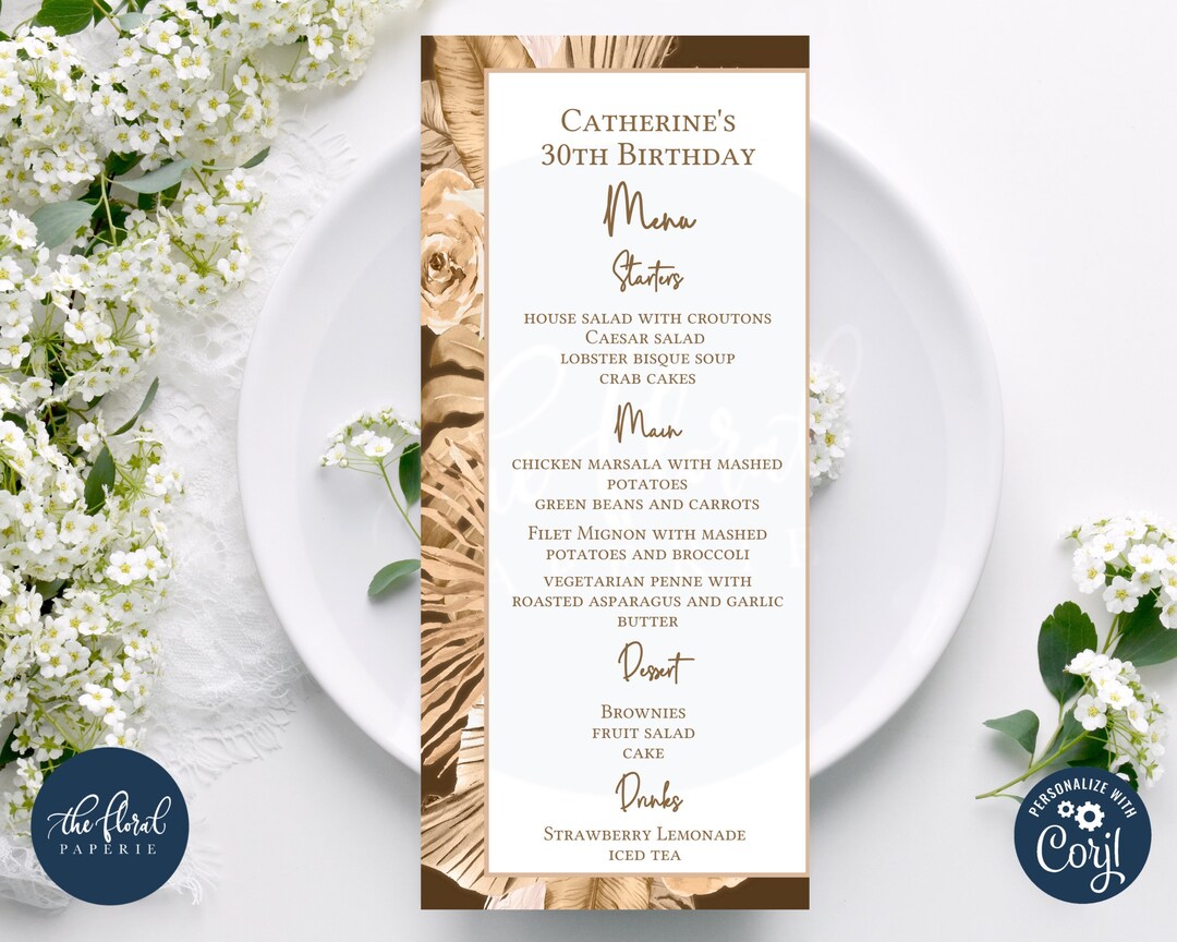 Boho Menu Card Template, Editable Event Menu Card, Printable Menu Card ...
