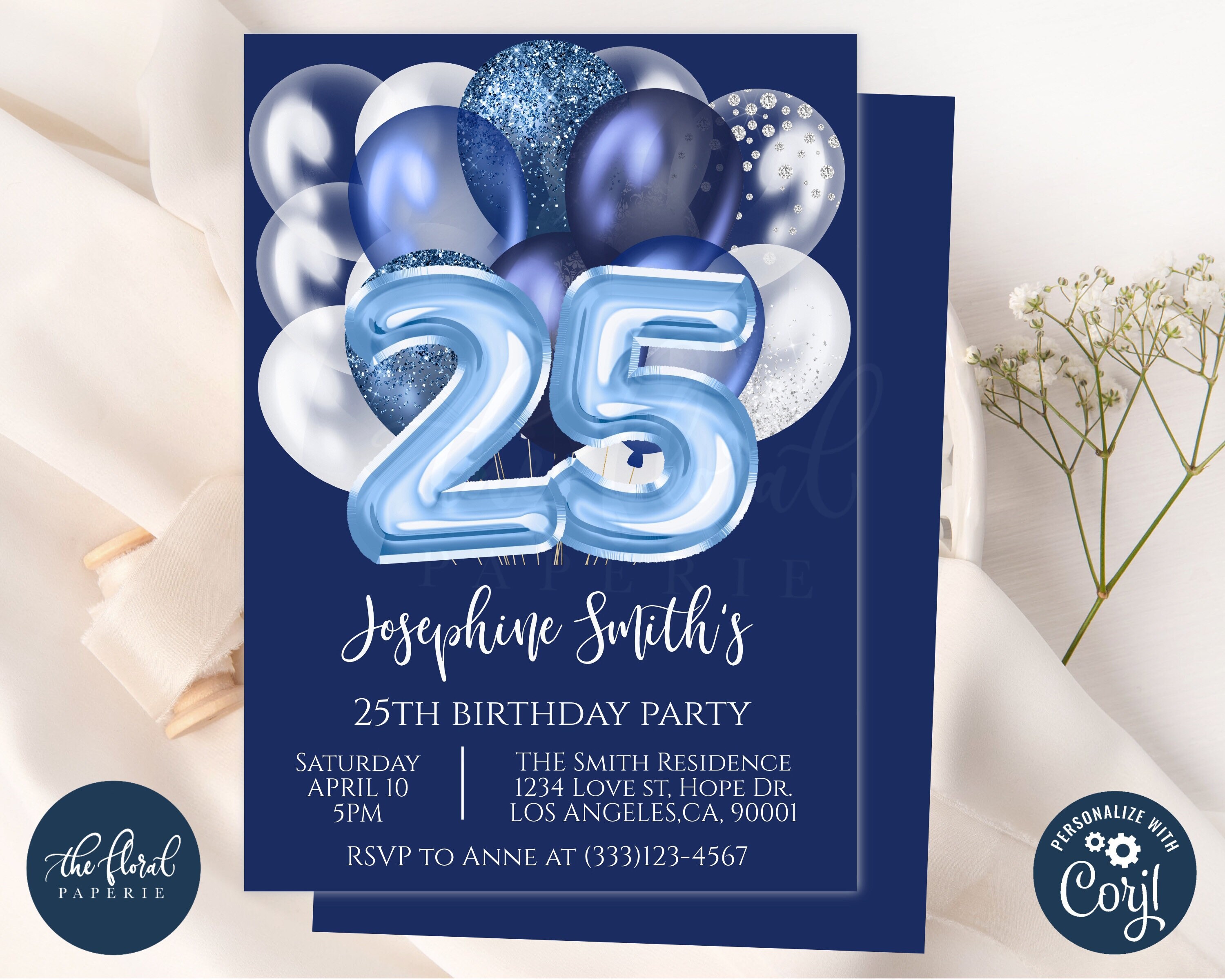 25th Birthday Invitation Template Editable Blue and White | Etsy