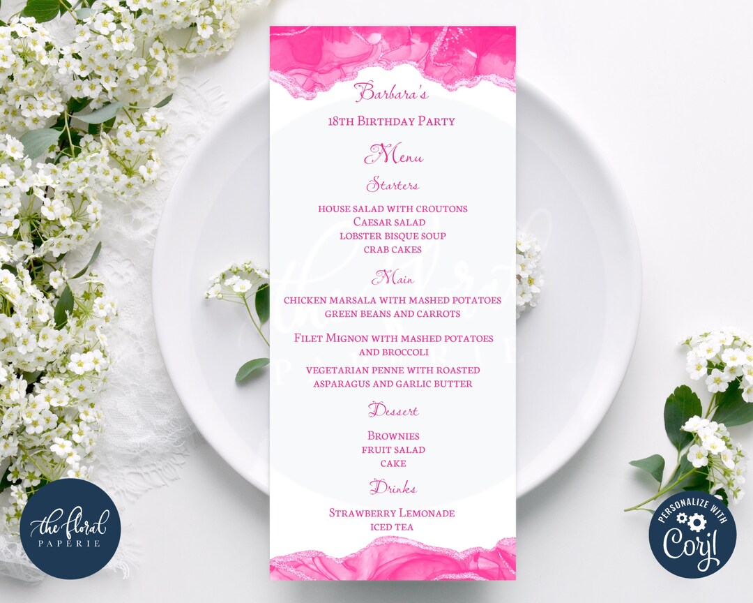 Hot Pink Menu Card Template, Editable Event Menu Card, Printable Menu ...